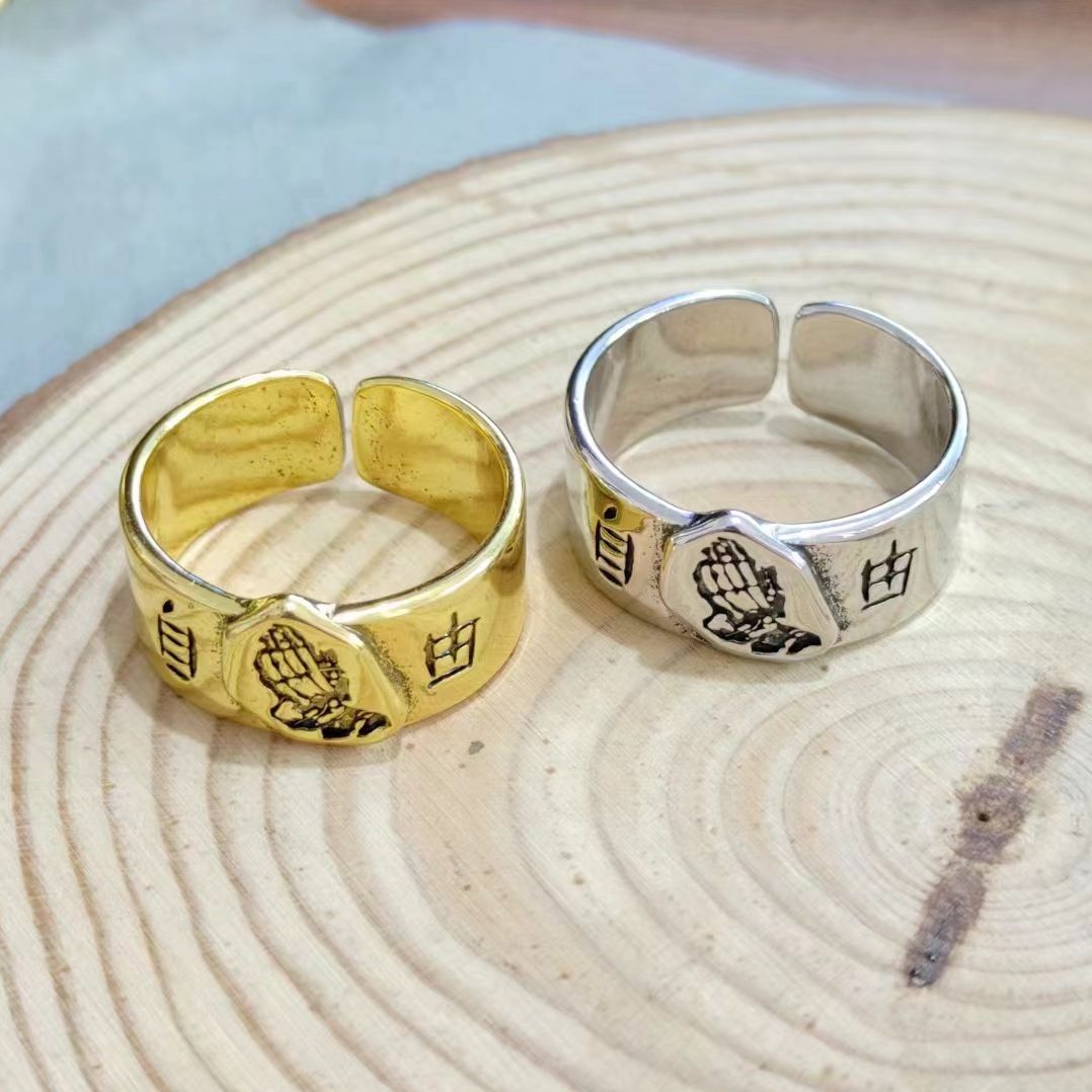 Thai Silver Prayer Free Retro Ring Handmade Trendy Men's American Style ...