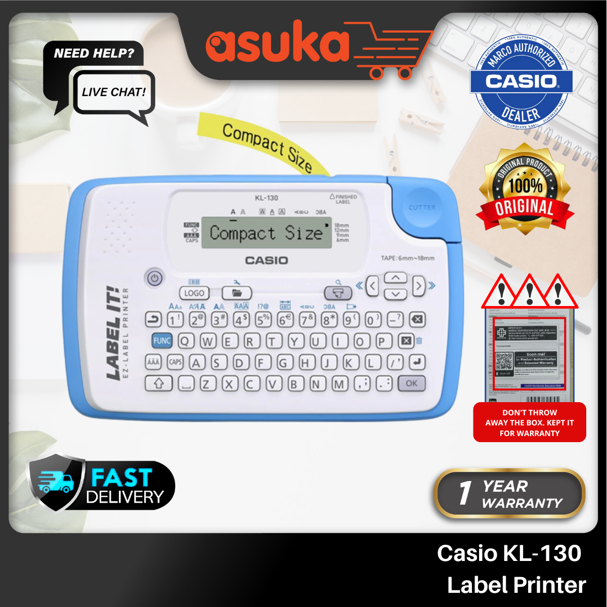 Casio Label It KL-120 18mm 2-Line Compact Label Printer original (1 years warranty)/ Casio KL ...