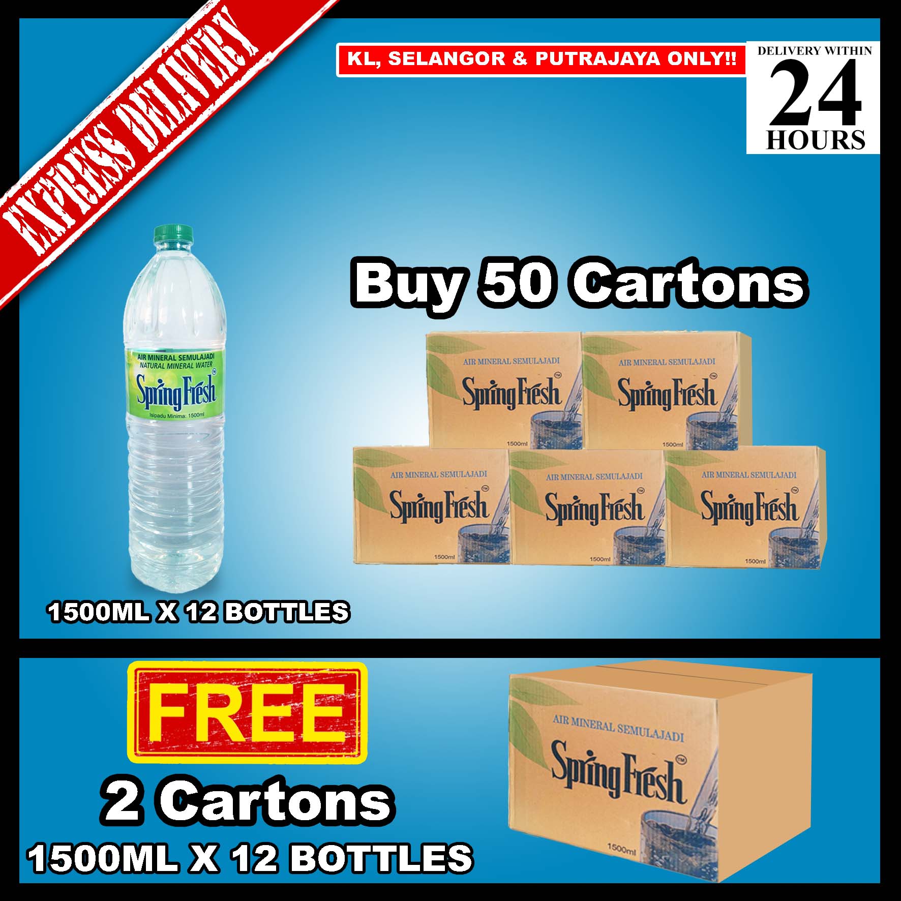 BUNDLE OF 50 CARTONS : SPRING FRESH MINERAL WATER 1500ML x 12 BOTTLES ...
