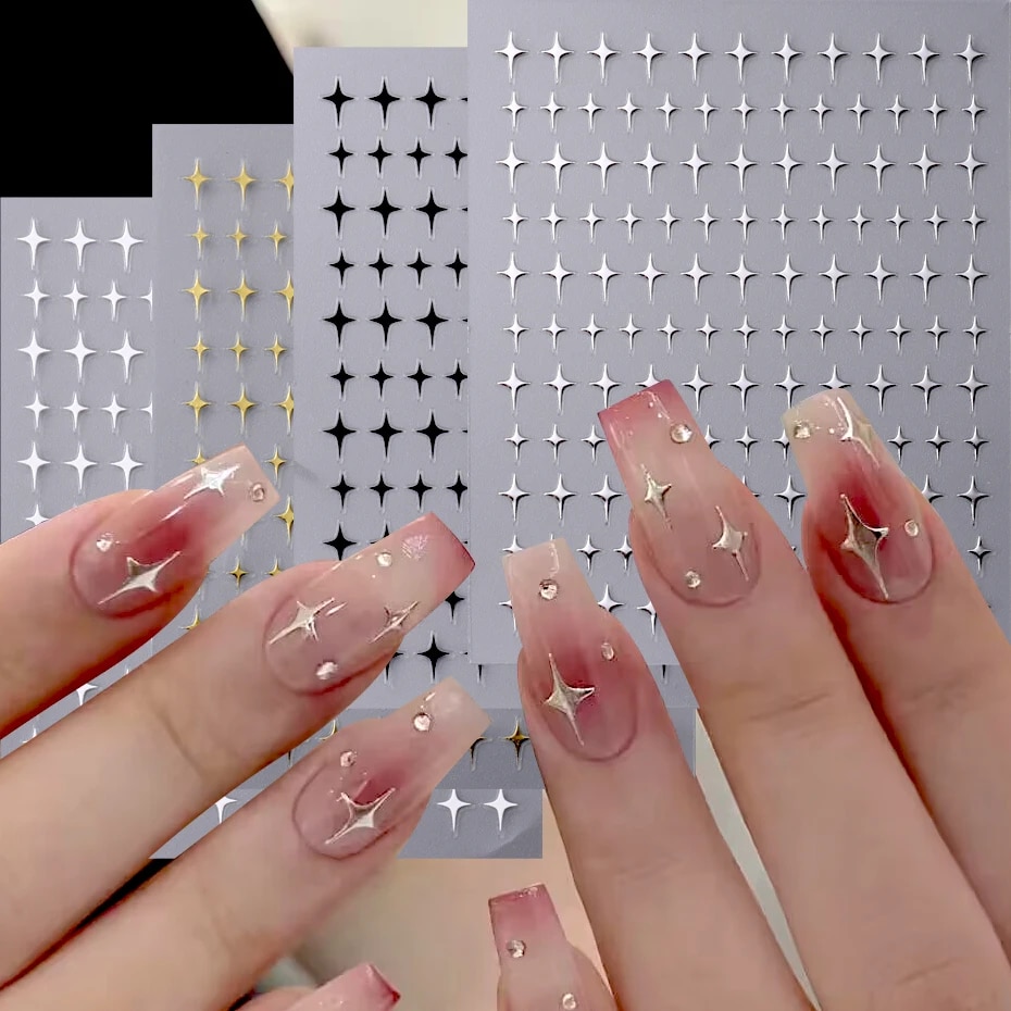 3D Black Sliver Stars Nails Stickers Bronzing Laser White Cross ...