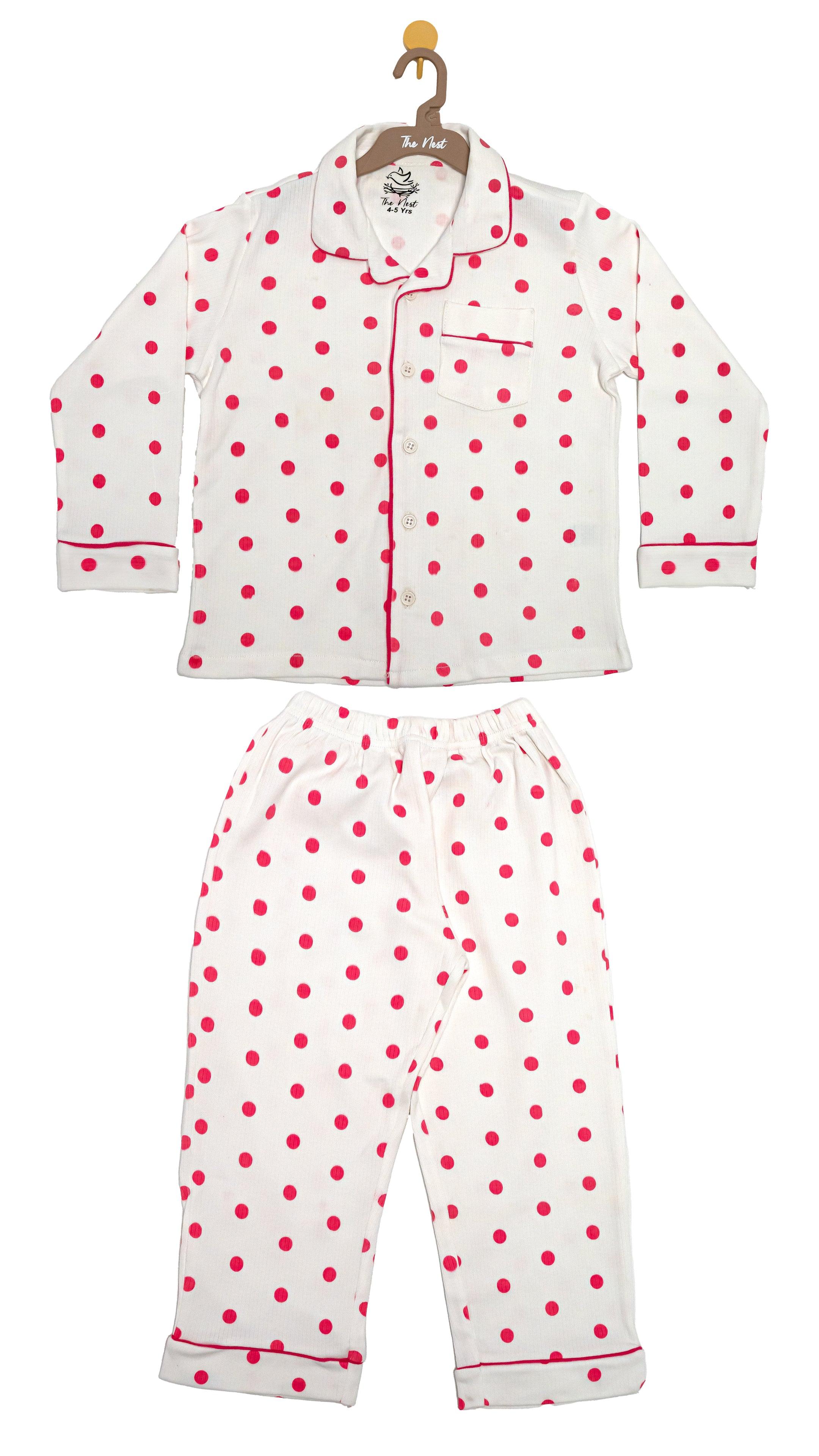 The Nest 2-Piece Night Suit | White & Pink Polka Dot Pajama Set | Soft ...