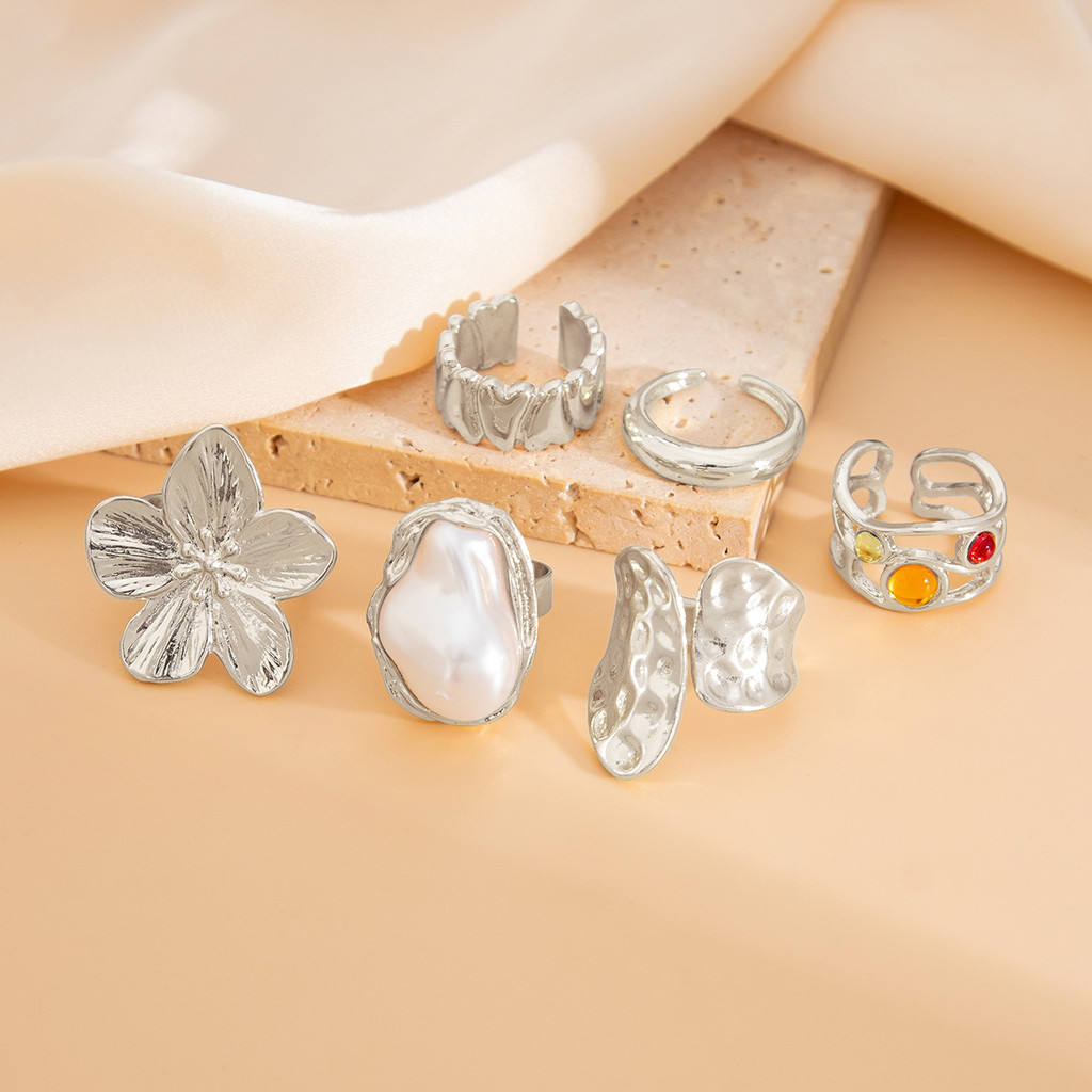 6Pcs/Set Vintage Flower Metal Irregular Geometry Rings Baroque Imitation Pearl Ring Female Niche ...
