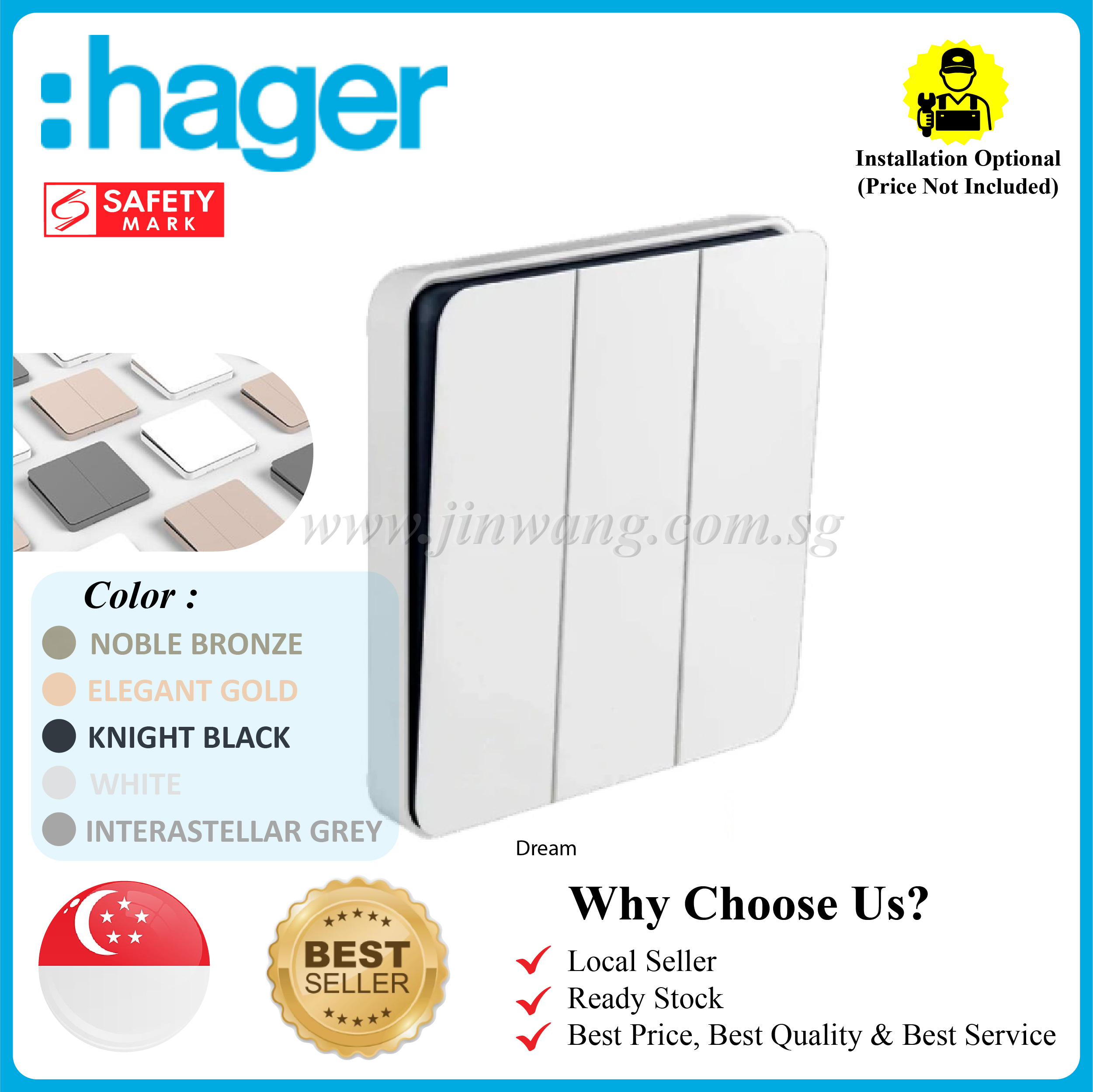 [Singapore Local Authorized Seller] Hager Large wall switch 3 Gang (1W ...