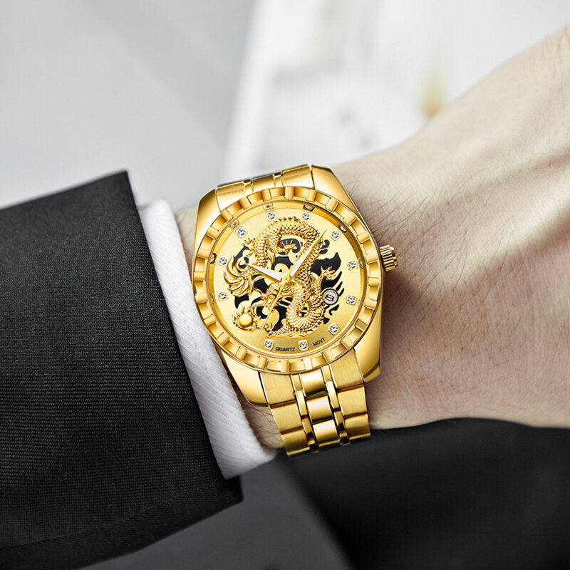 With Box!! WLISTH Men's Watches Luxury 3D Golden Dragon Original ...