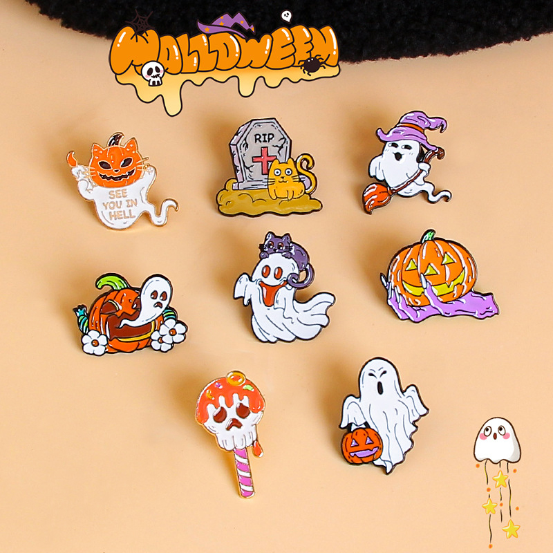 Cartoon Halloween Ghost Pumpkin Cat Metal Hairpin Badges Pins Backpack ...