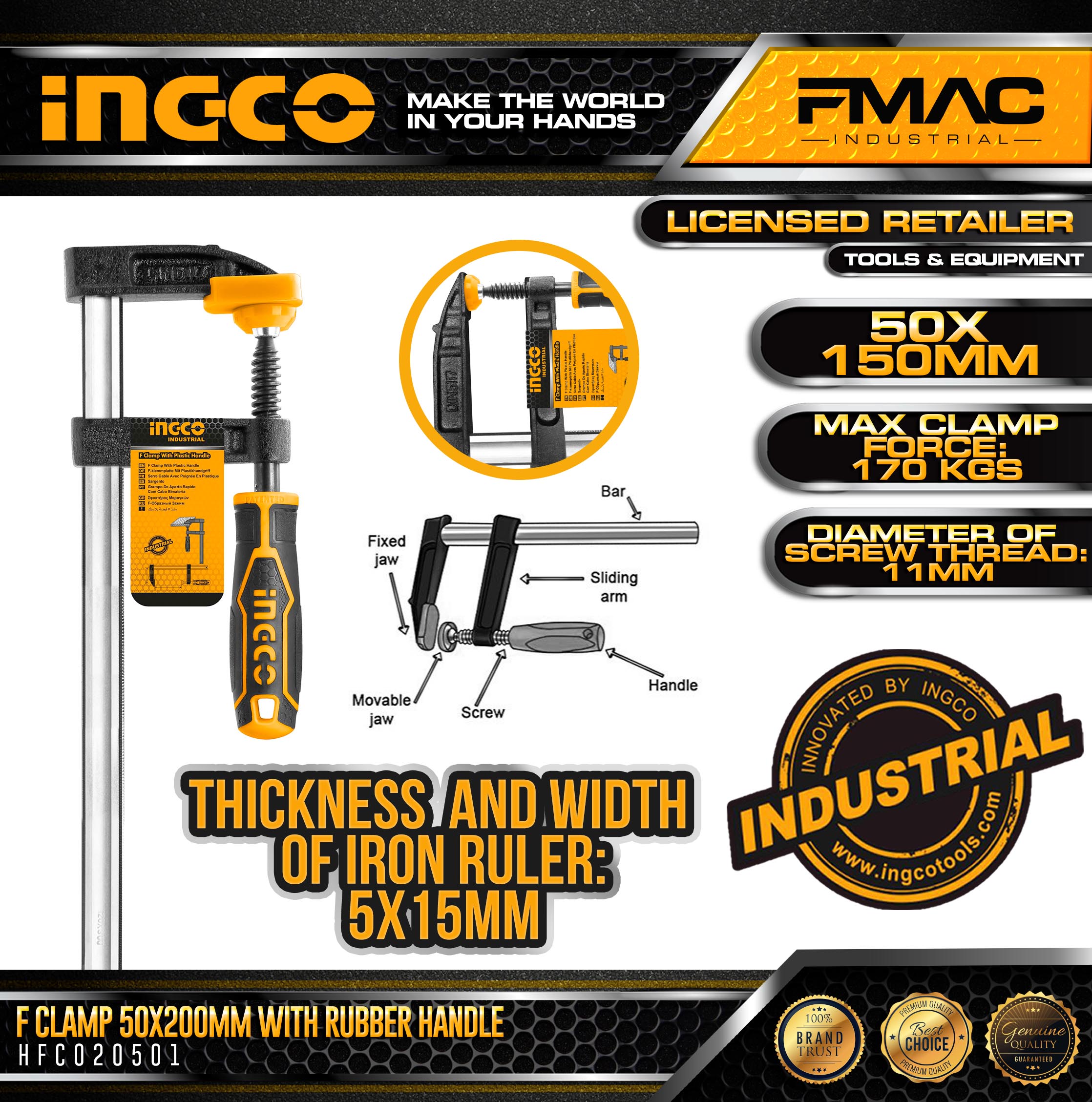 INGCO Industrial F Clamp 50x150mm with Rubber Handle HFC020501 FMAC⭐⭐⭐⭐ ...
