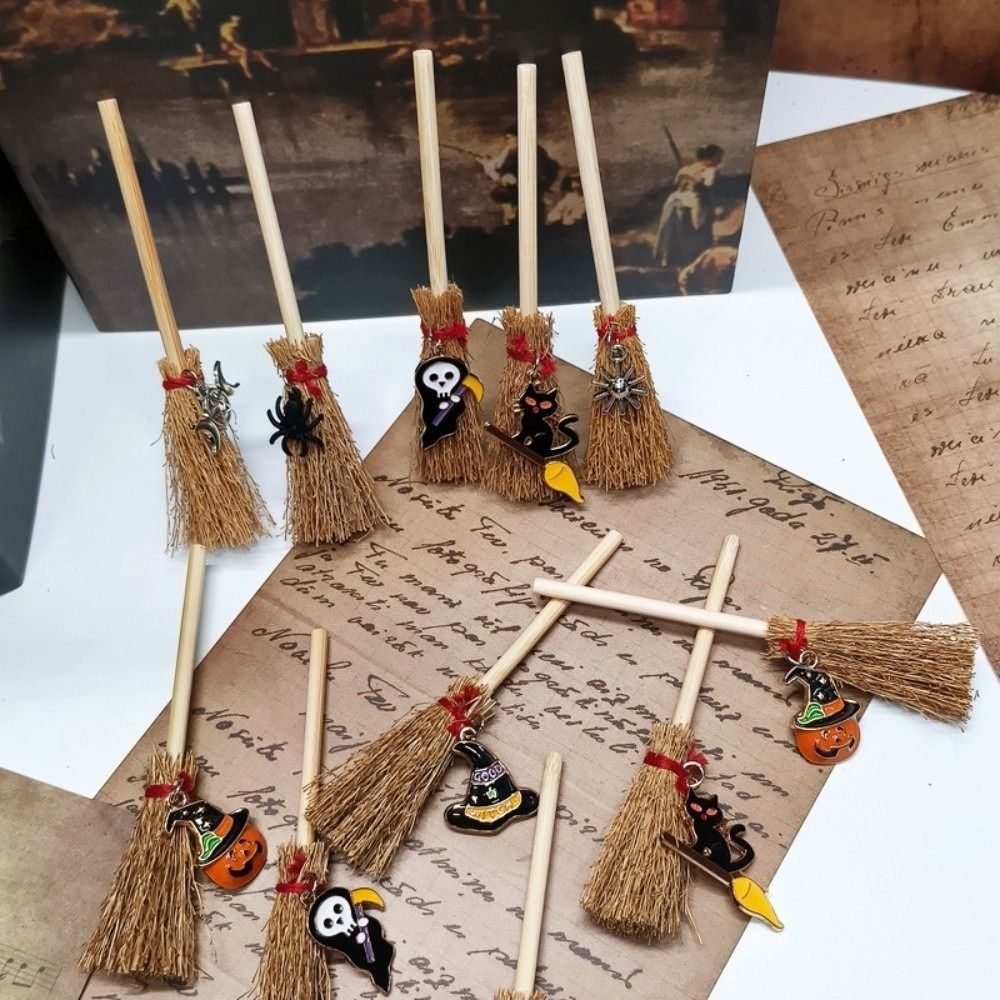 Toy Accessories 10cm Halloween Broom Spider Wooden Red Rope Broom Hat ...