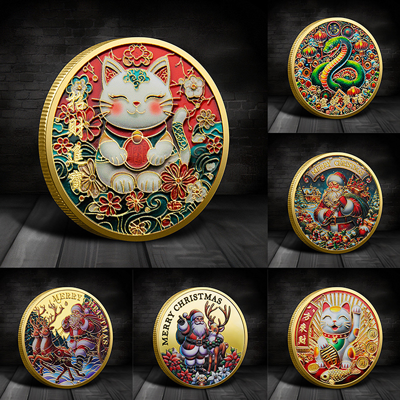 Colorful Lucky Cat Commemorative Coin Gold Plated Collectible Coin Luck ...