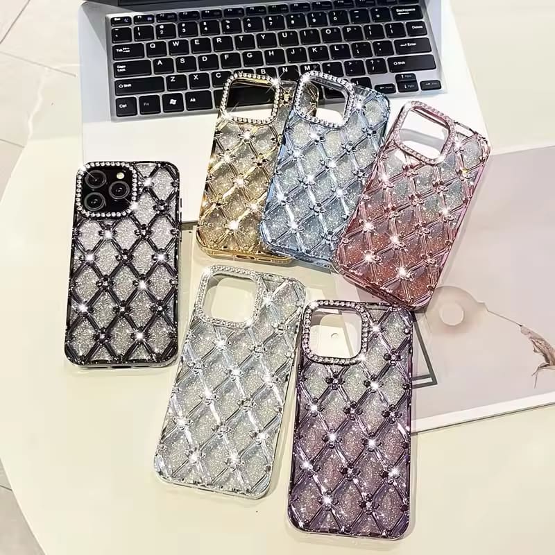 Glitter Plating Diamond Rhombus Clear Case for IPhone 15 pro max Bling Rhinestones Soft Silicone ...