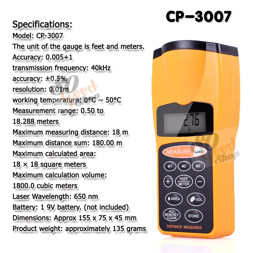 CP-3007 Ultrasonic Metric Distance Meter Digital Laser Pointer Measure ...