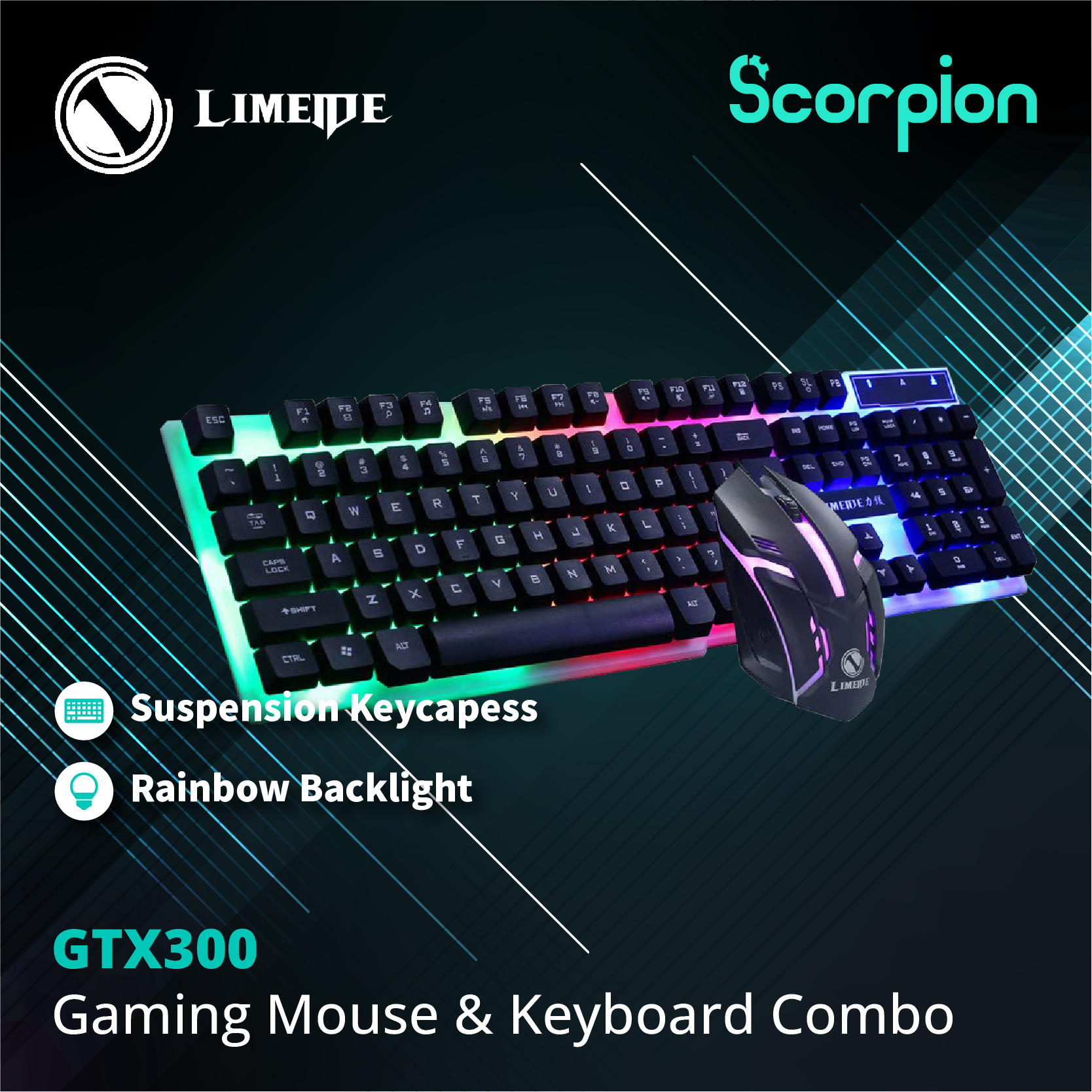 Limeide GTX300 Suspension-Rainbow Light Gaming Mouse & Keyboard Combo ...