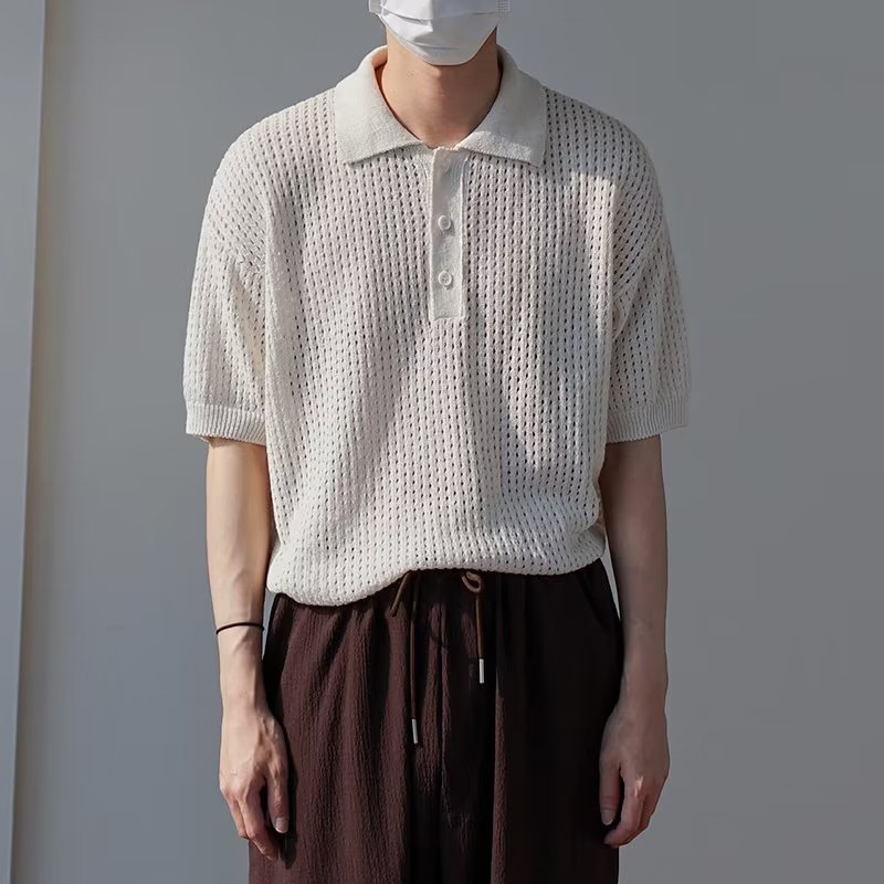 901A แขนสั้นถัก Polo เสื้อเชิ้ตผู้ชายฤดูร้อนสไตล์เกาหลีหลวมๆแมทช์ง่ายย้อนยุคสีทึบแขนครึ่งปกลำลอง ...