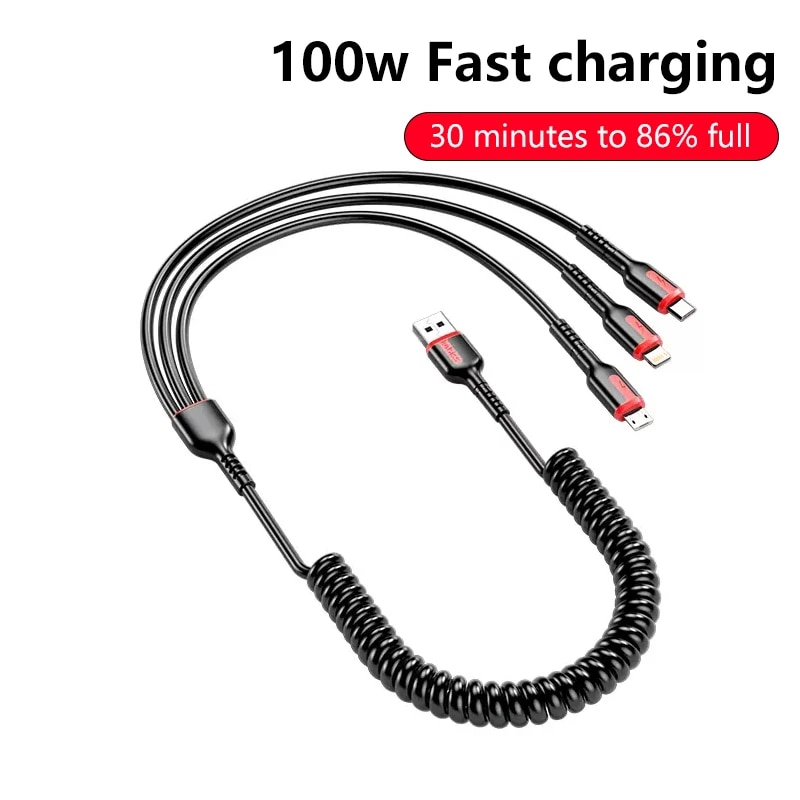 100w 3 in 1 Cable Type C Micro IOS Fast Charging Spring Charger Cable ...