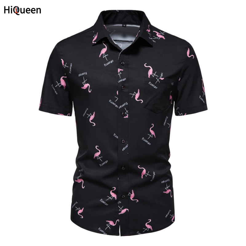 HiQueen เสื้อยืดผู้ชายพิมพ์ลายฟลามิงโก้ลำลองเสื้อเดรสคอปกแขนสั้นผ้ายืด ...