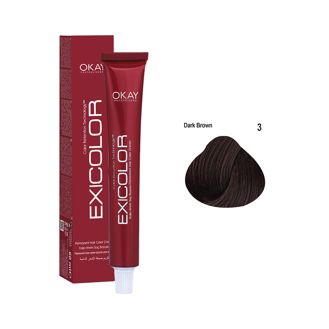 Okay Exicolor Permanent Hair Color Cream Dark Brown â€“ 3 â€“ 60ml With ...
