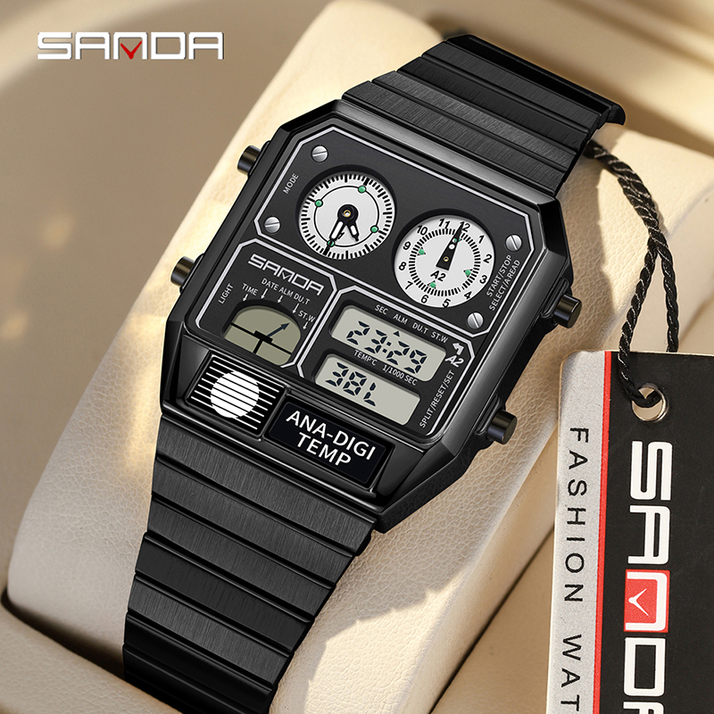 Sanda Retro Trendy Punk Dual Display Luminous Waterproof Electronic Quartz Men's Watch SD3192-3 ...