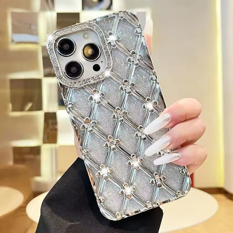 Glitter Plating Diamond Rhombus Clear Case for IPhone 15 pro max Bling Rhinestones Soft Silicone ...