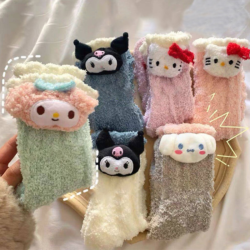 Women Kawaii Cute Sanrio Kuromi Mymelody Cinnamoroll Coral Fleece Socks ...