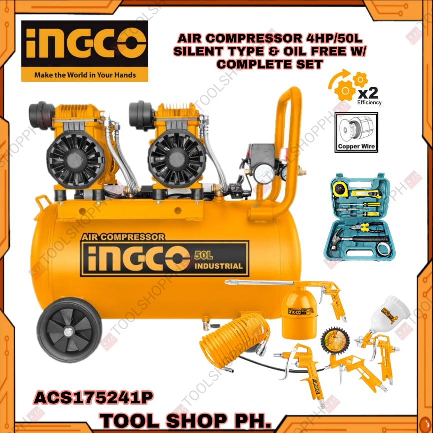 INGCO Air Compressor 4HP/50L Silent Type & Oil Less ACS224501P W ...