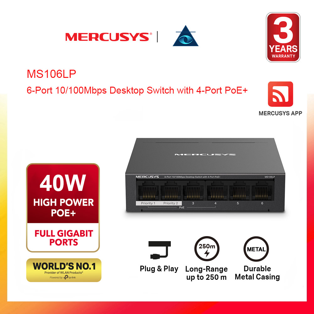 Mercusys MS106LP 6-Port 10/100Mbps Desktop Switch with 4-Port PoE+ | Lazada