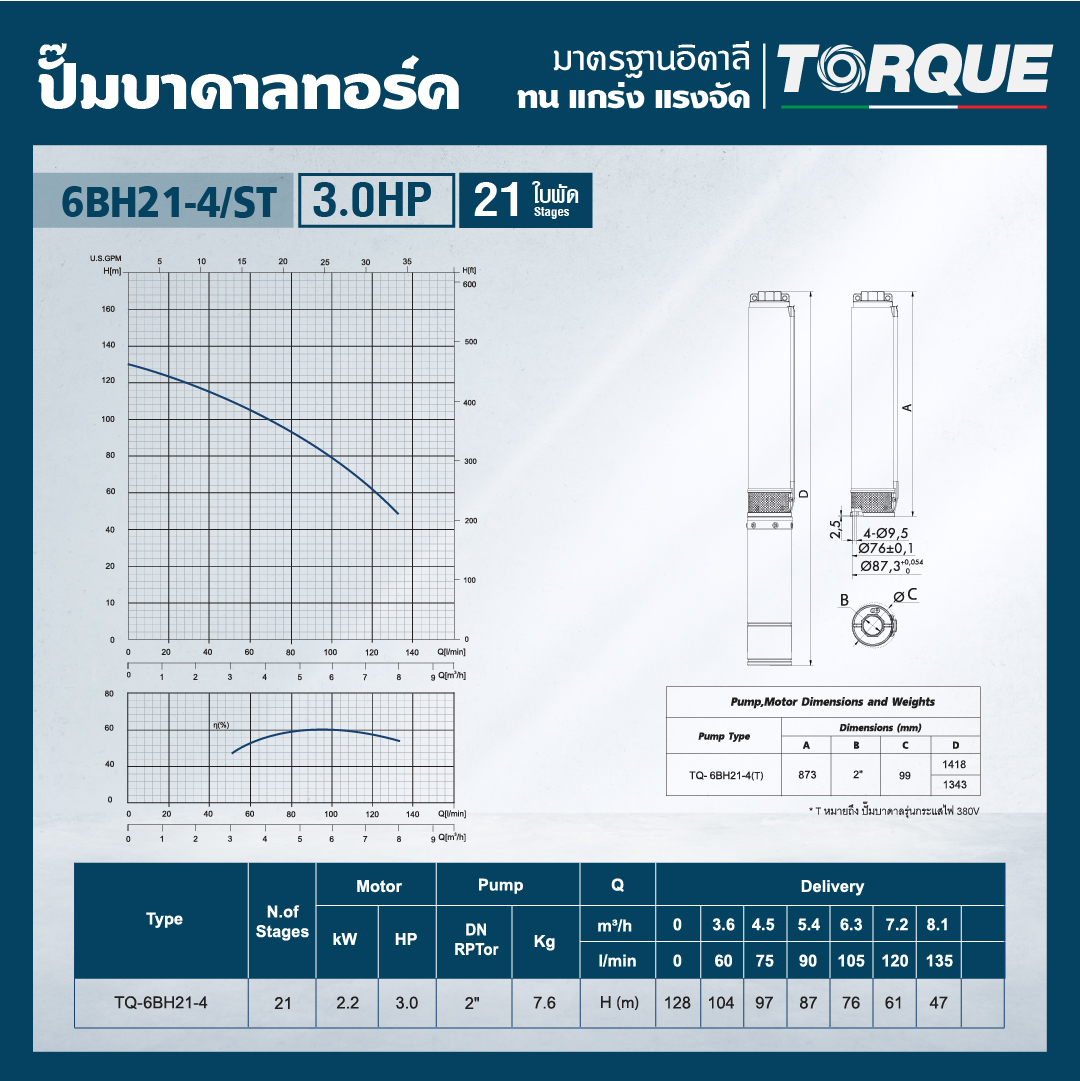 TORQUE TQ-SP-6BH21-4/ST ปั๊มบาดาลทอร์ค ชุด Submersible Pump 3.0 HP. 21 ...