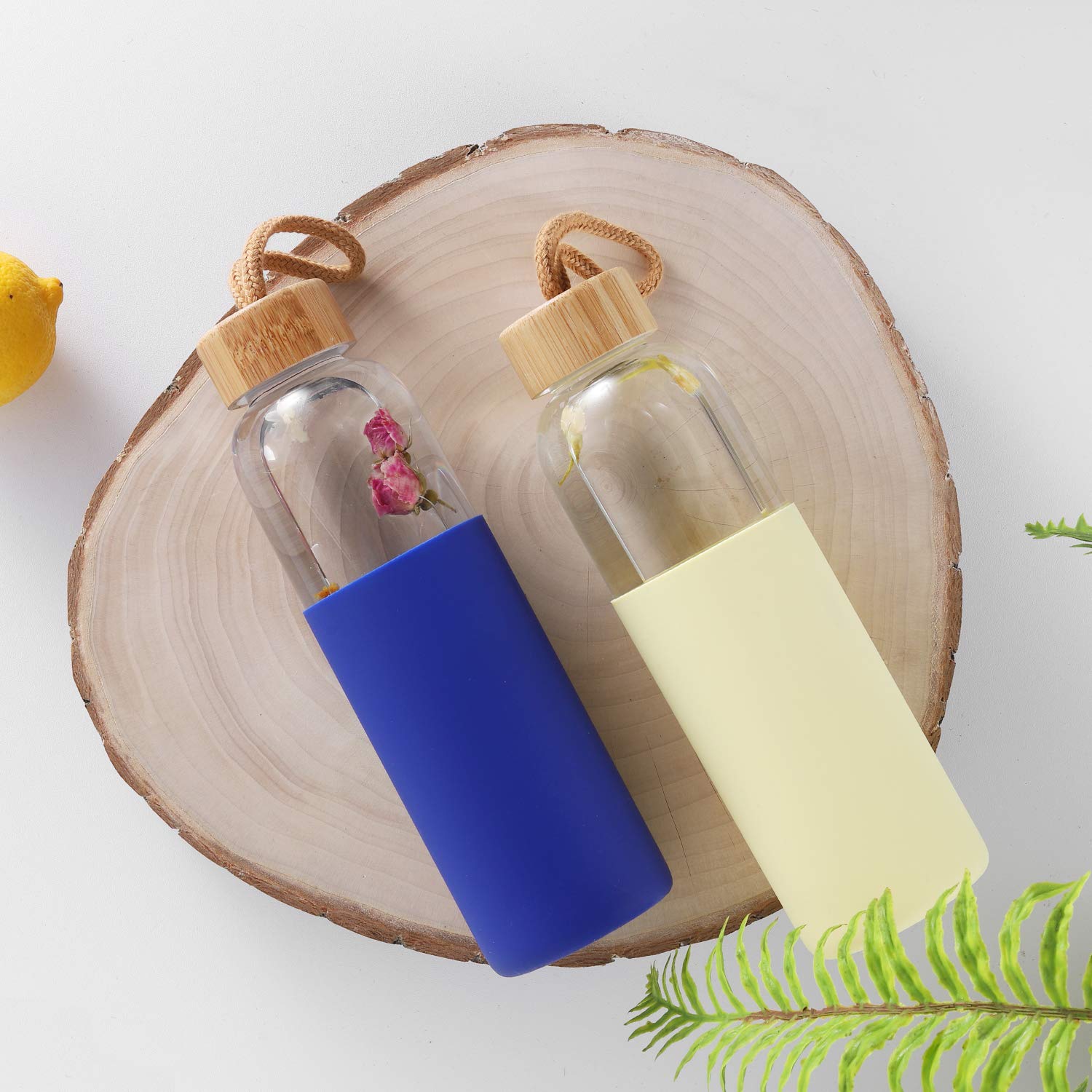 Glass Water Bottle with Bamboo Lid and Non-Slip Silicone Sleeve, 500ML ...