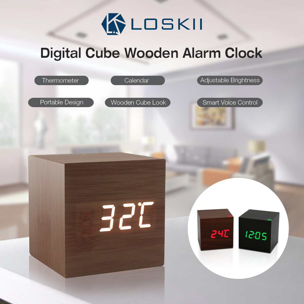 Loskii Furniture HC-30 Mini Digital Voice Control Cube Wooden Date ...