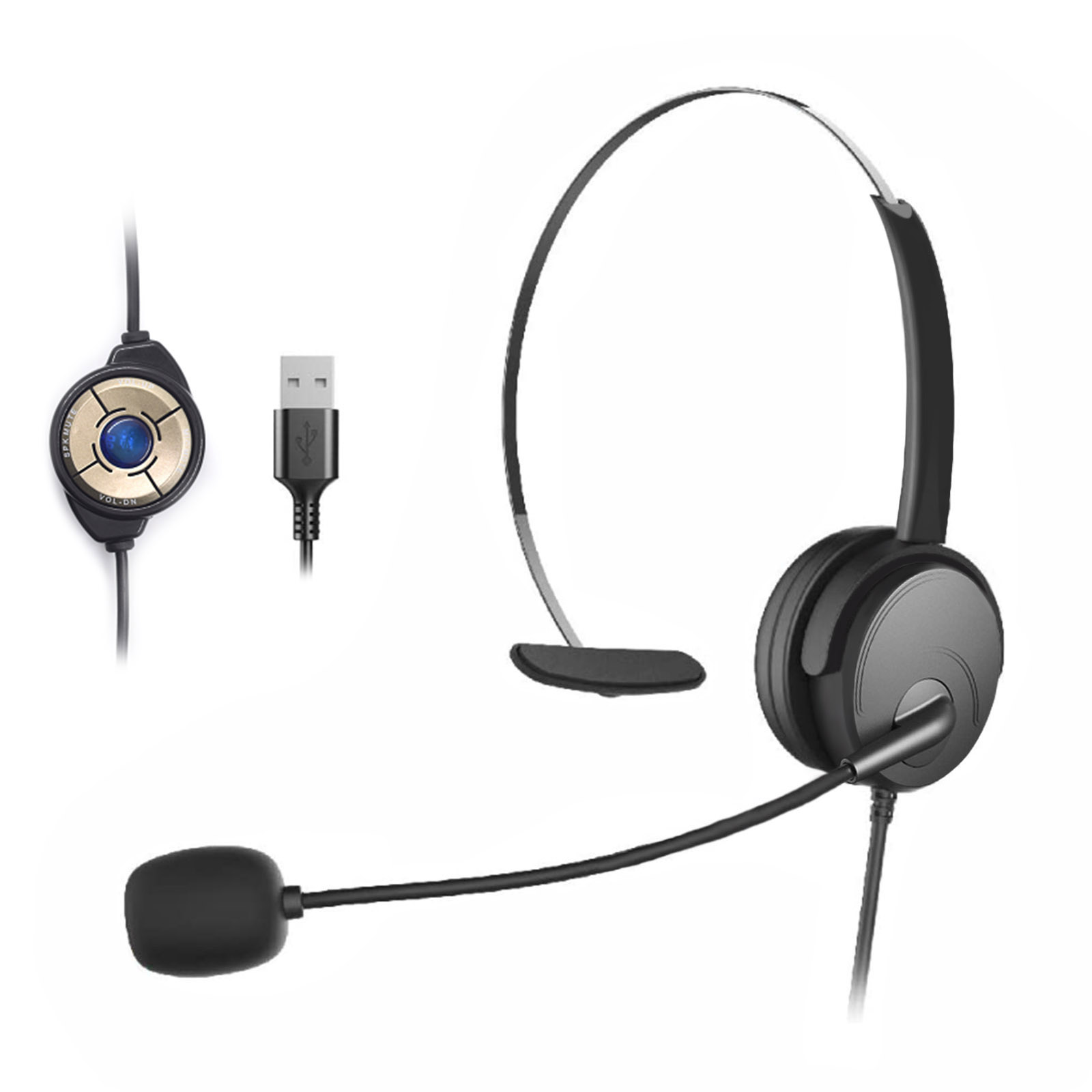 【LuxeLink】Black Black Single Ear Headset USB Headphones Head-mounted ...