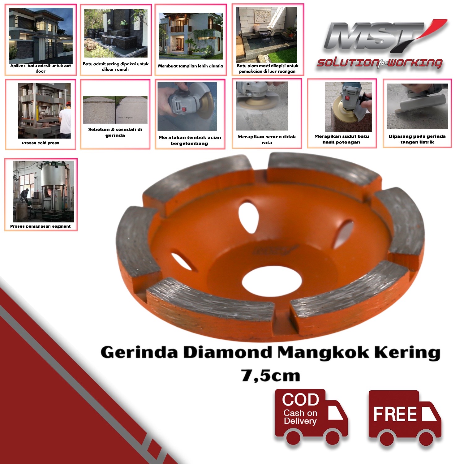 MST Mata Gerinda Mangkok 3"-75mm Orange Diamond Cup Wheel Grinda Beton ...