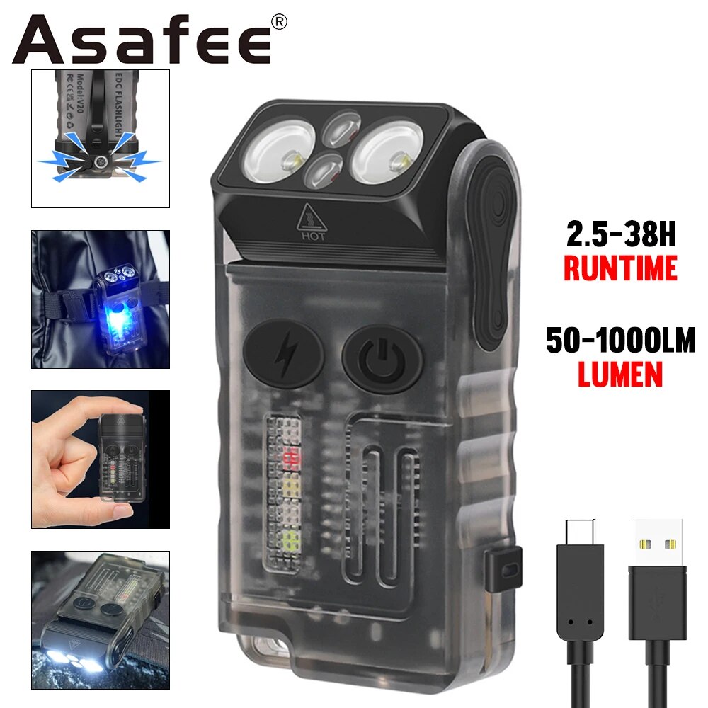 Asafee V20 EDC Mini Flashlight UV Light 1000LM 100M Range IP67 ...