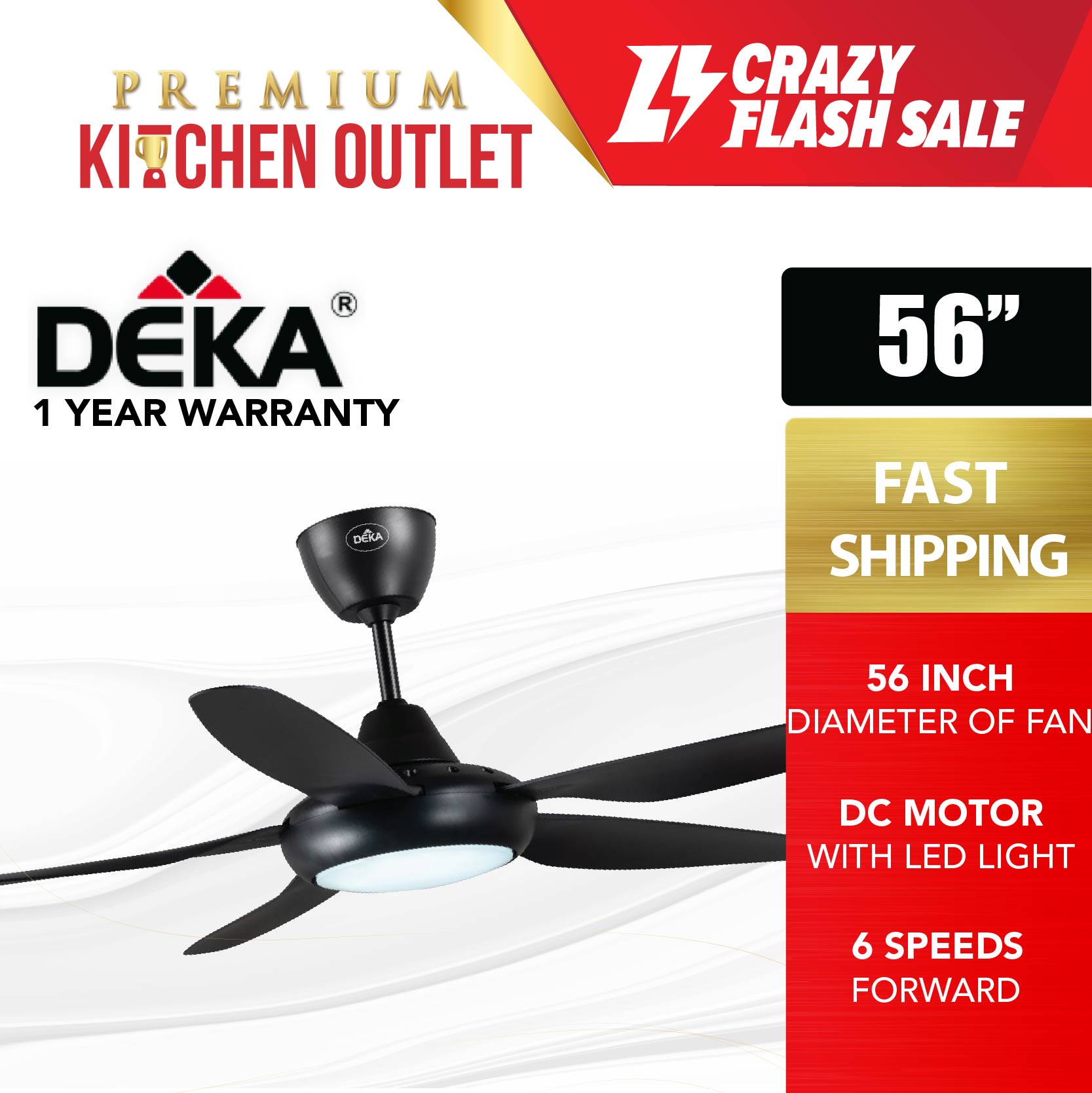 Deka 56 Inch 5 Blade DC Ceiling Fan | Tri Colour LED Light | 12 Speed ...