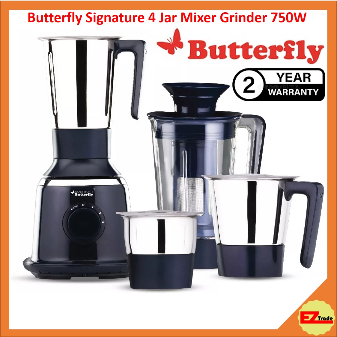 Butterfly Signature 750-Watt Steel Mixer Grinder with 3 SS Jars, 1 ...