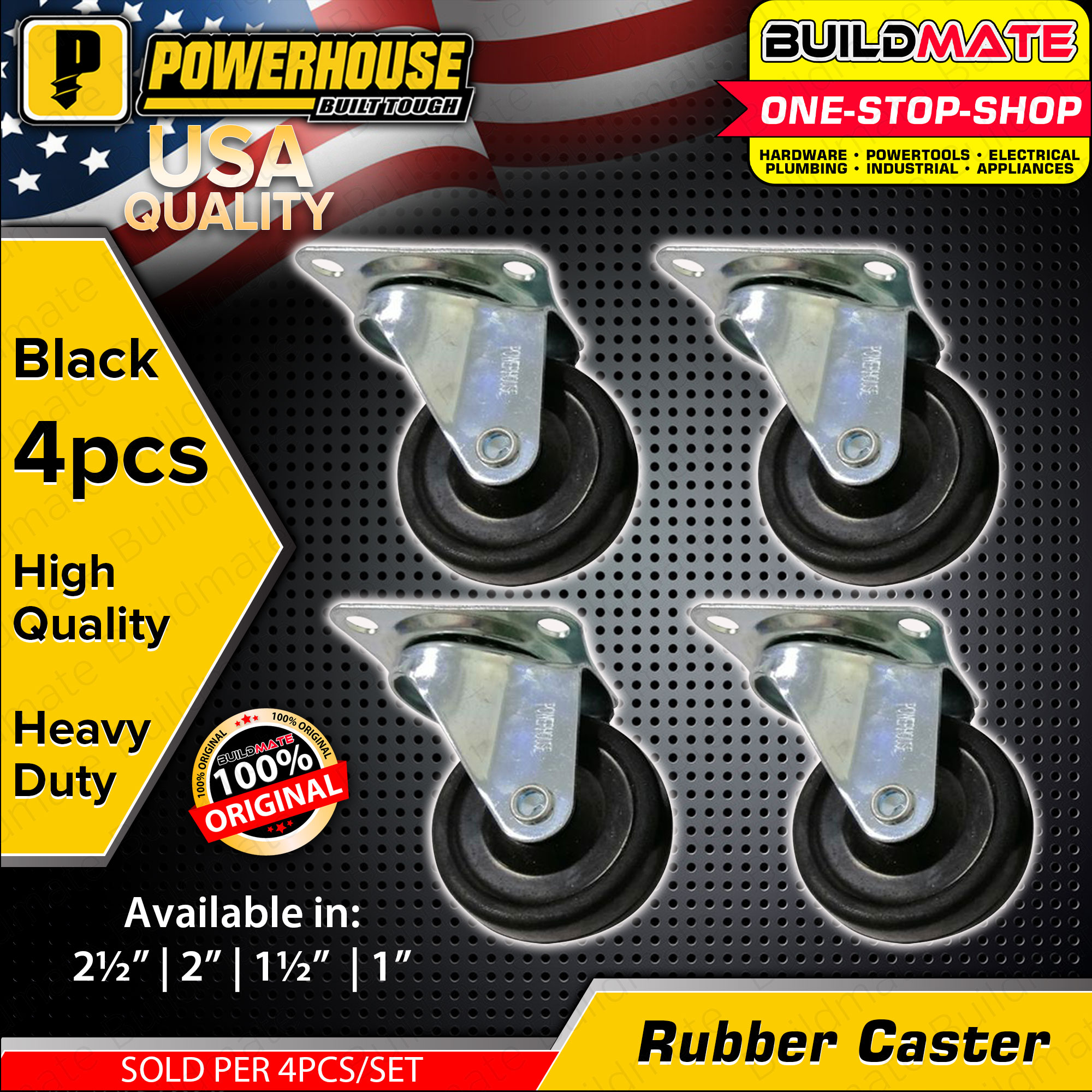 POWERHOUSE USA Rubber Caster Wheel Plate Type Heavy Duty 4PCS/SET 100% ...