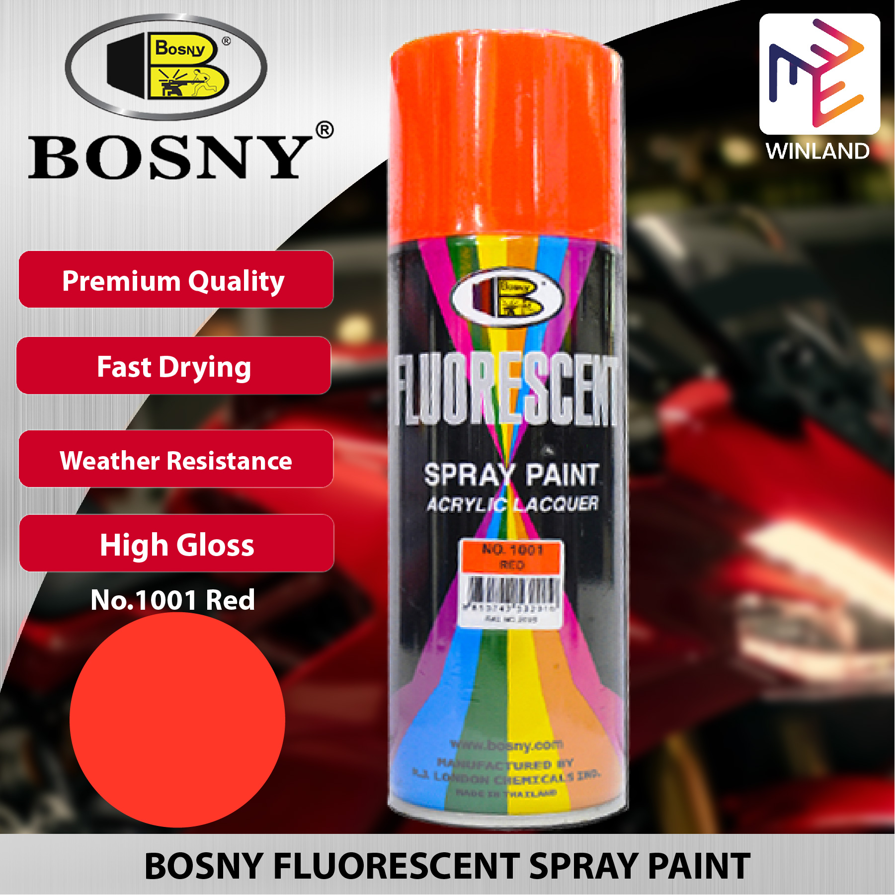 Bosny by Winland Fluorescent Spray Paint Acrylic Lacquer Red No.1001 ...