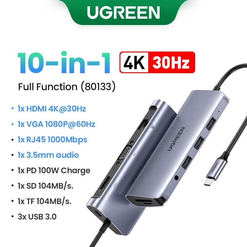 UGREEN Dual 8K HDMI Adapter 10 in 1 Splitter with RJ45 3.0 PD 100W Dock ...