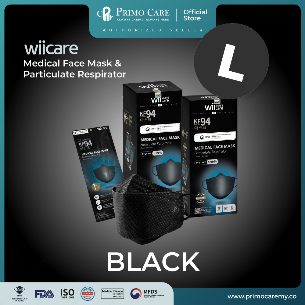 WIICARE KF94 MEDICAL FACE MASK & PARTICULATE RESPIRATOR | FFP2 | MADE IN KOREA | Size (L) BLACK ...