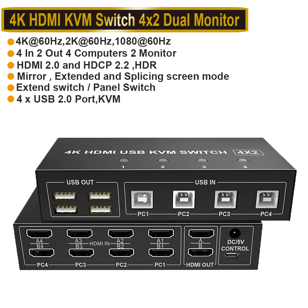 2023 4 Port HDMI KVM Switch 4X2 Dual Monitor 4K60Hz Extended Display DP USB KVM Switch 4 in 2 ...