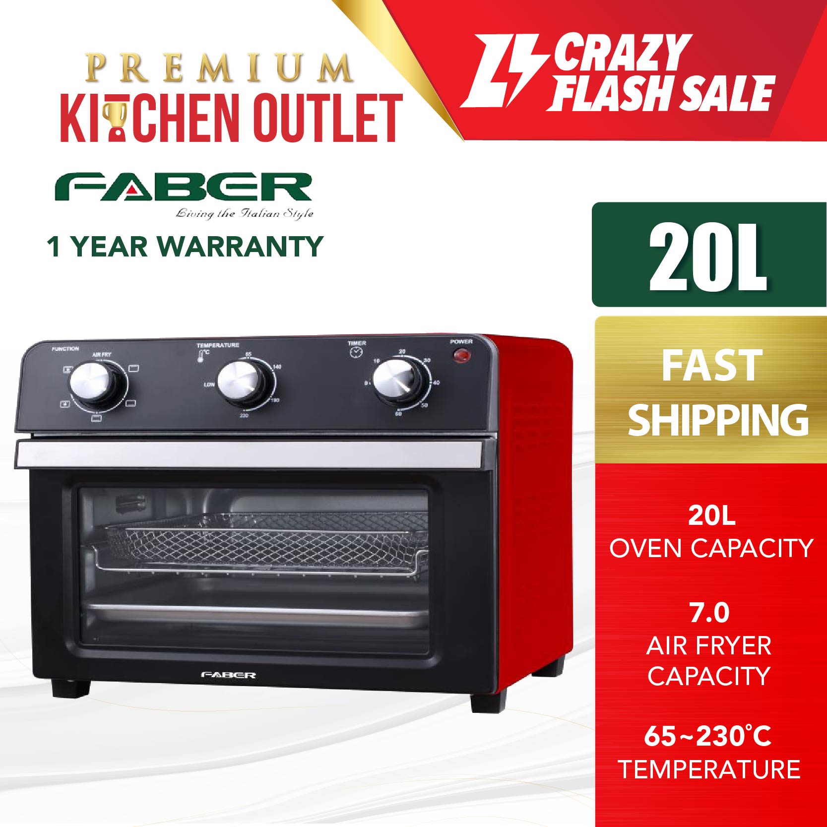 Faber 1500W 20L Oven + 7L Air Fryer Capacity Air Fryer Oven FEO ...