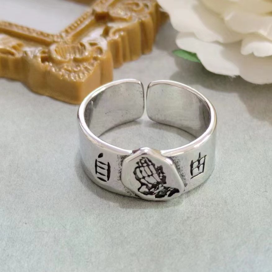 Thai Silver Prayer Free Retro Ring Handmade Trendy Men's American Style ...