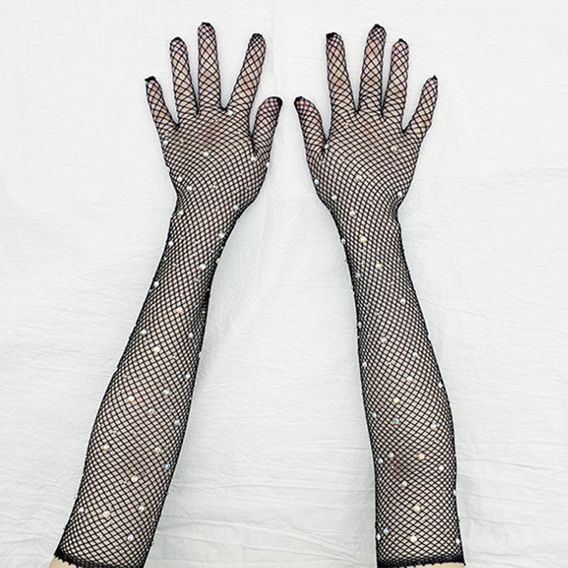 Black White Red Long Mesh Gloves With Rhinestones Hollow Fishing Net ...