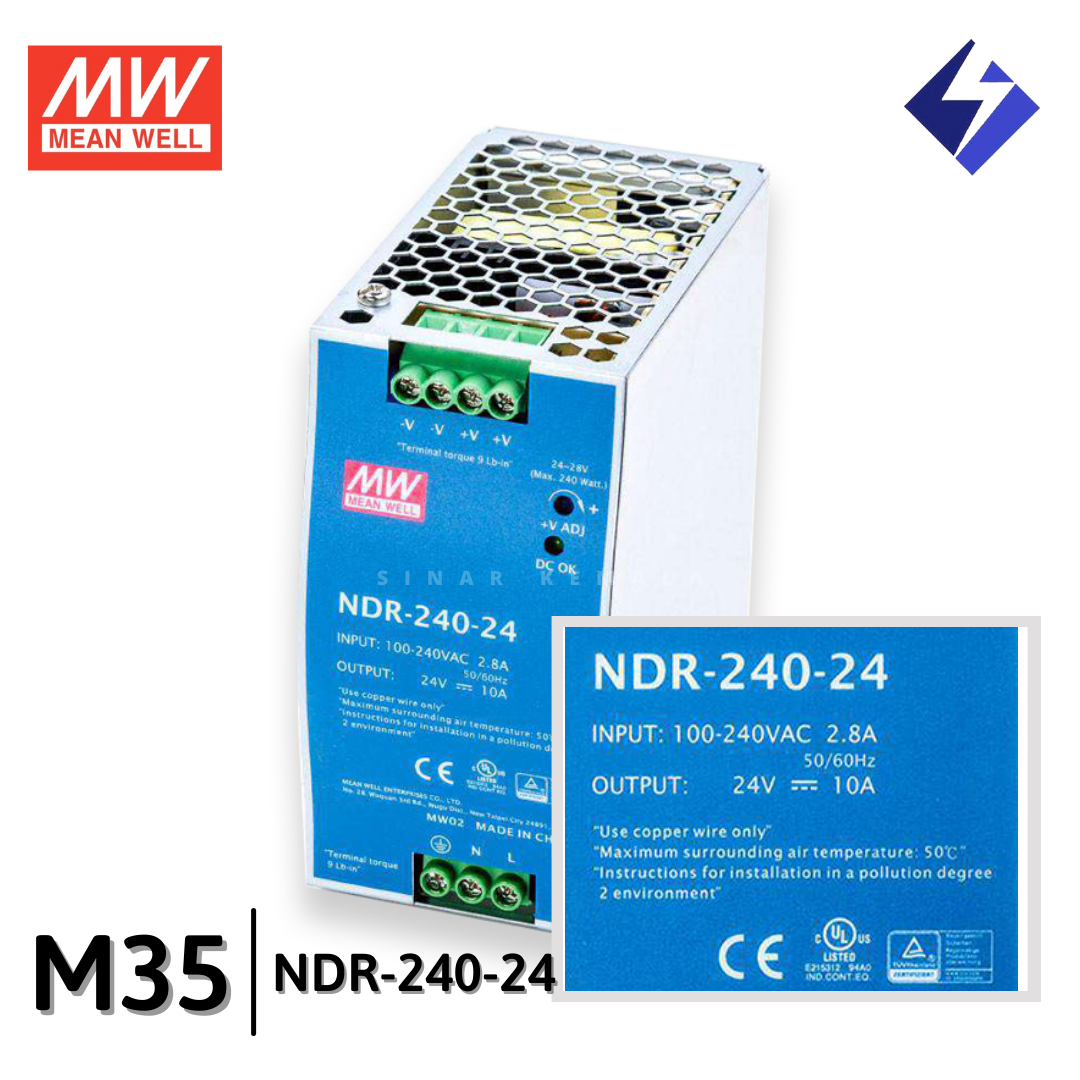 Power Supply MEANWELL NDR-240-24 Industrial Trafo 24V DC 240W 10A DIN Rail | Lazada Indonesia