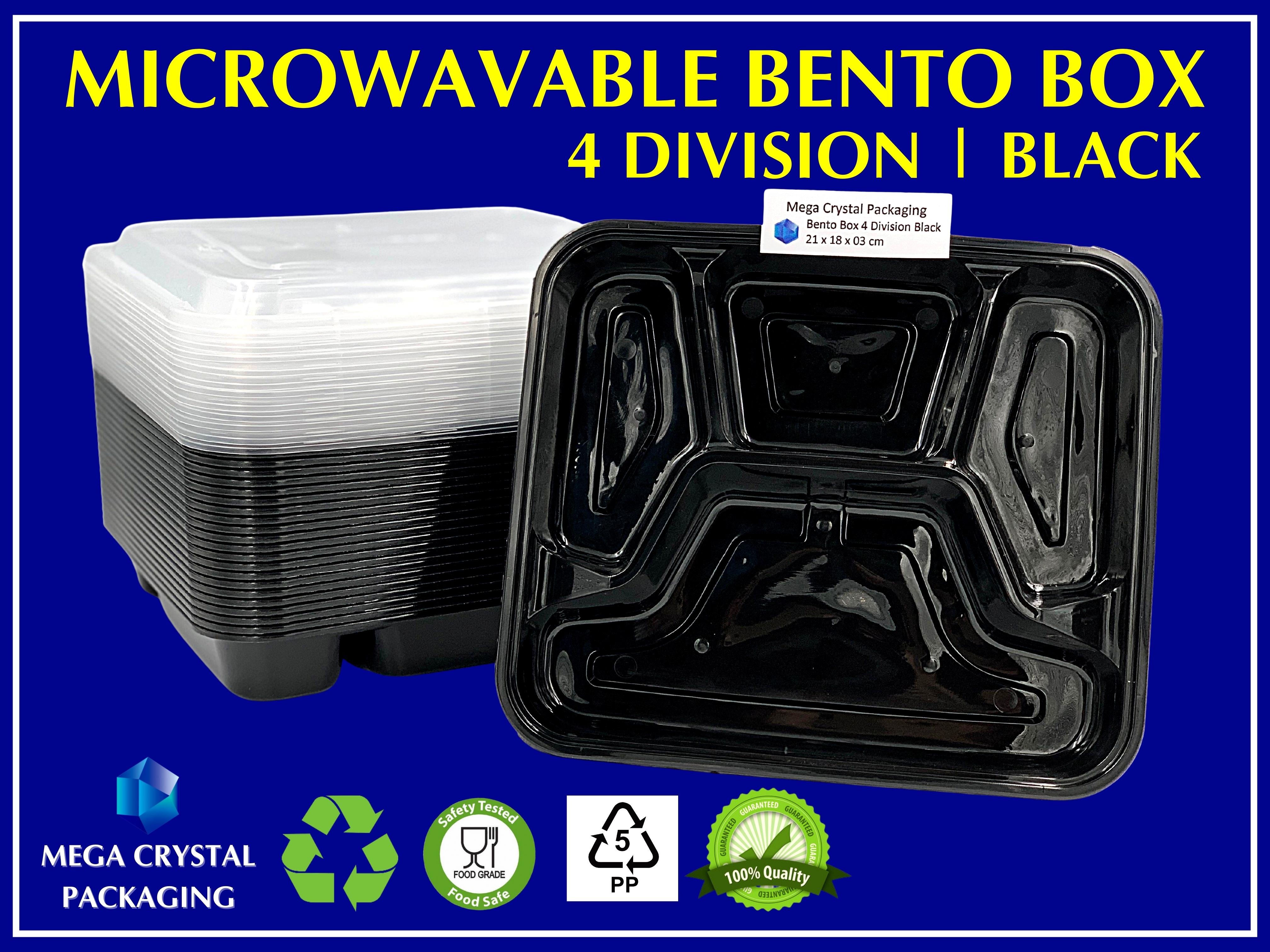 [ 50 Pcs. ] Microwavable Bento Box 4 Division Black Body Clear Lid ...