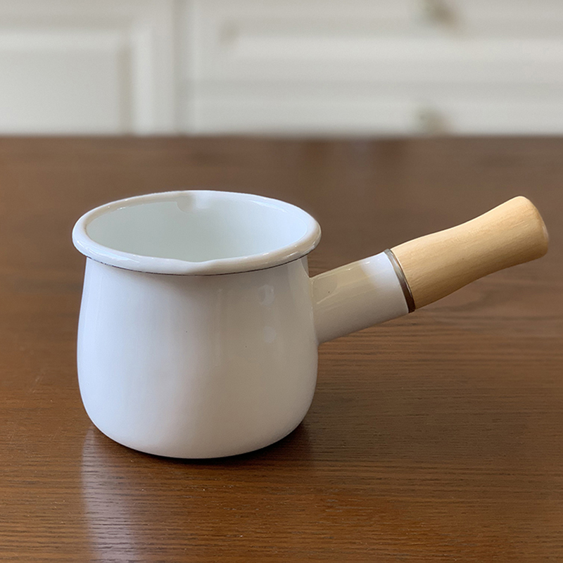【Online】 500ml Mini Enamel Coffee Milk Pot With Wooden Handle Saucepan ...