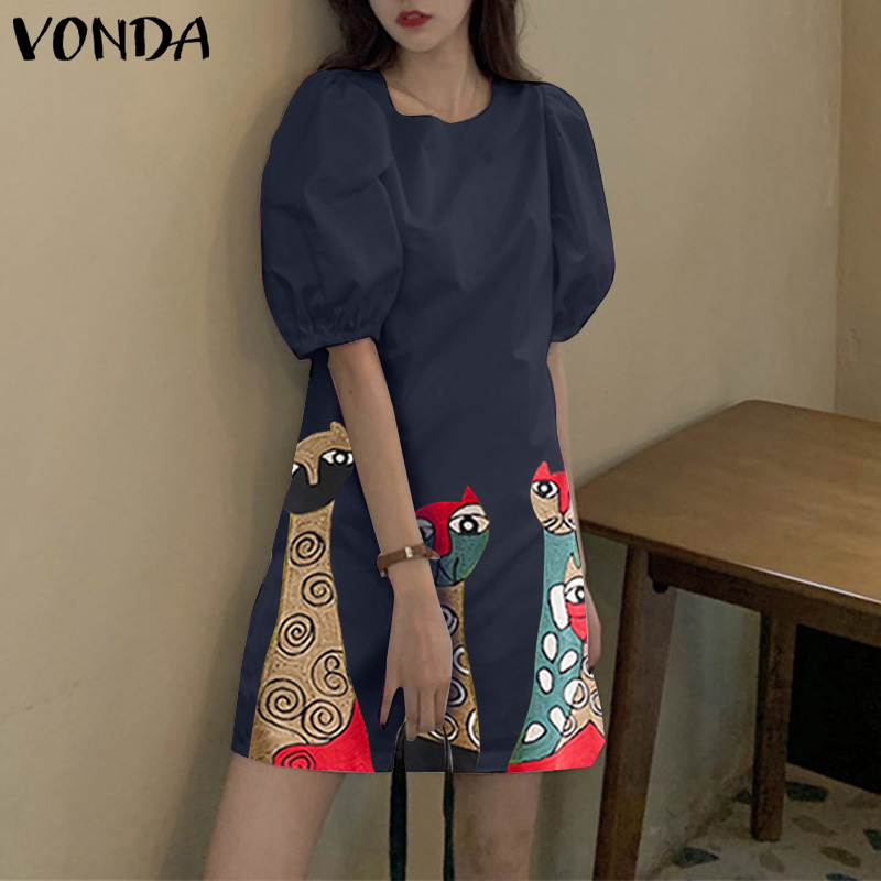 VONDA Womens Puff Sleeve Funny Animal Printed A-Line Versatile Mini ...