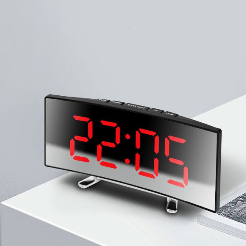 Creative Curved Electronic Clock LED Large Mirror Alarm Clock Silent ...