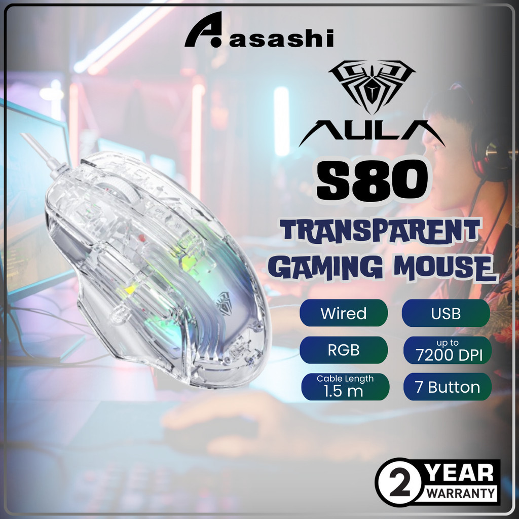 AULA S80 Transparent Gaming Mouse Ergonomic 7200DPI Programmable 7 ...
