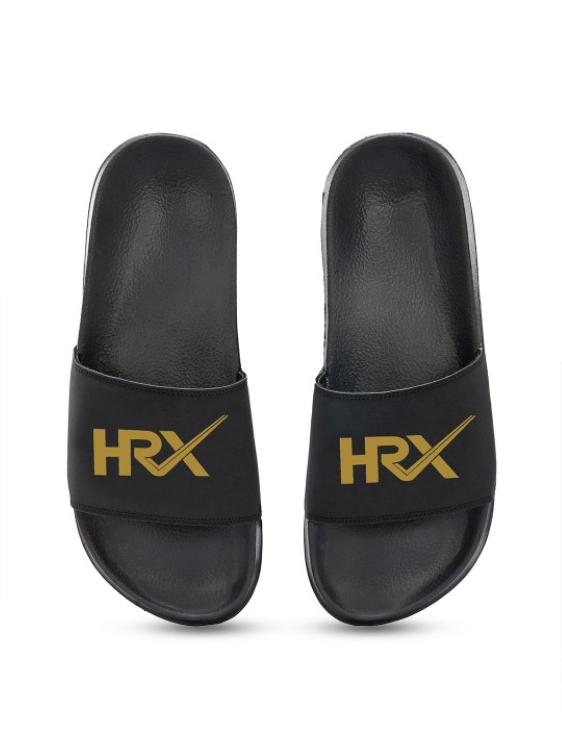 HRX By Hrithik Roshan Black & Gold Toned Brand Logo Printed Sliders For ...