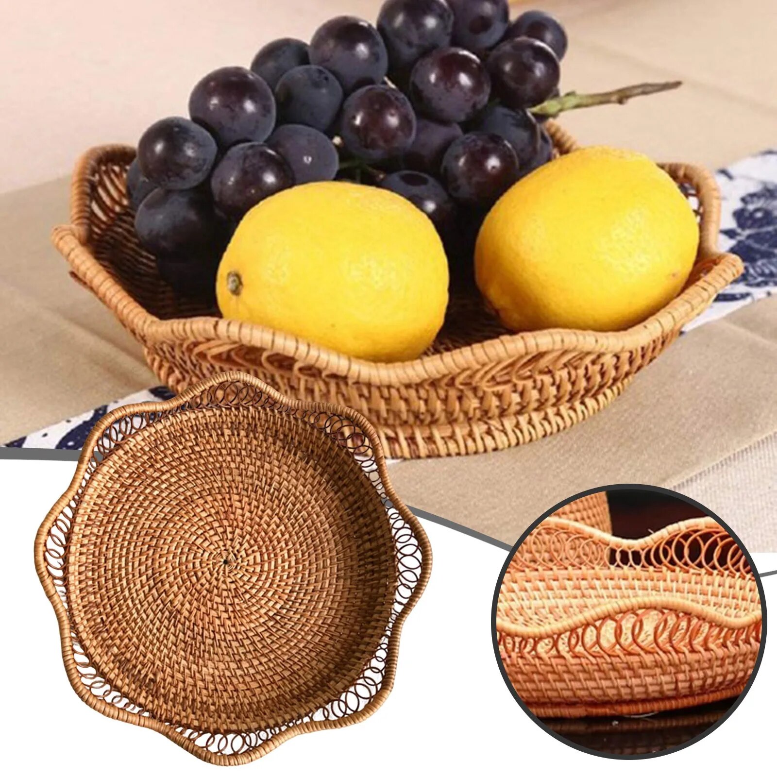 [LAN] Rattan Round Fruit Baskets Wicker Storage Bowls Natural Woven ...