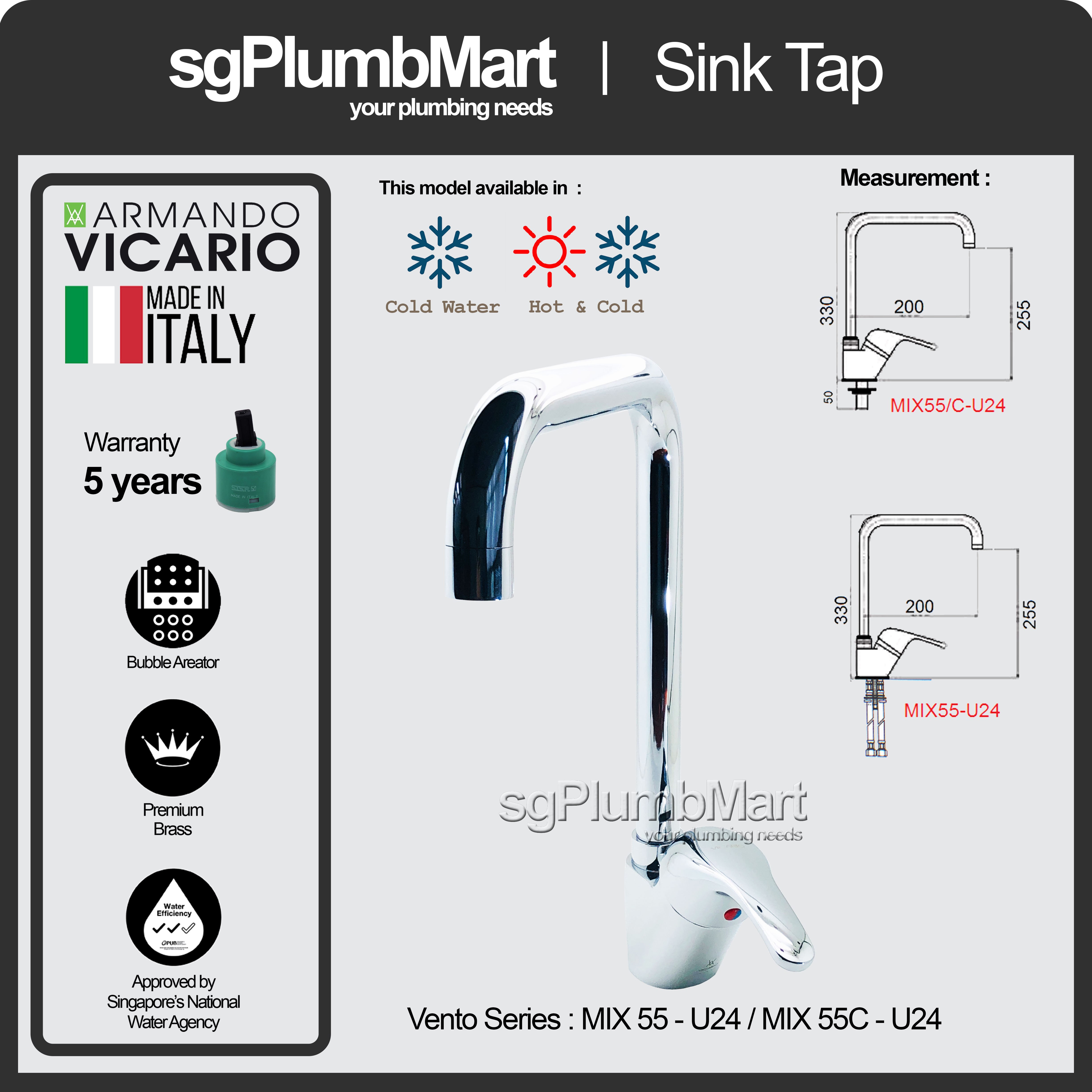 [Made in Italy] Vicario Armado Sink Tap MIX 55-U24/MIX 55C-U24 Kitchen ...