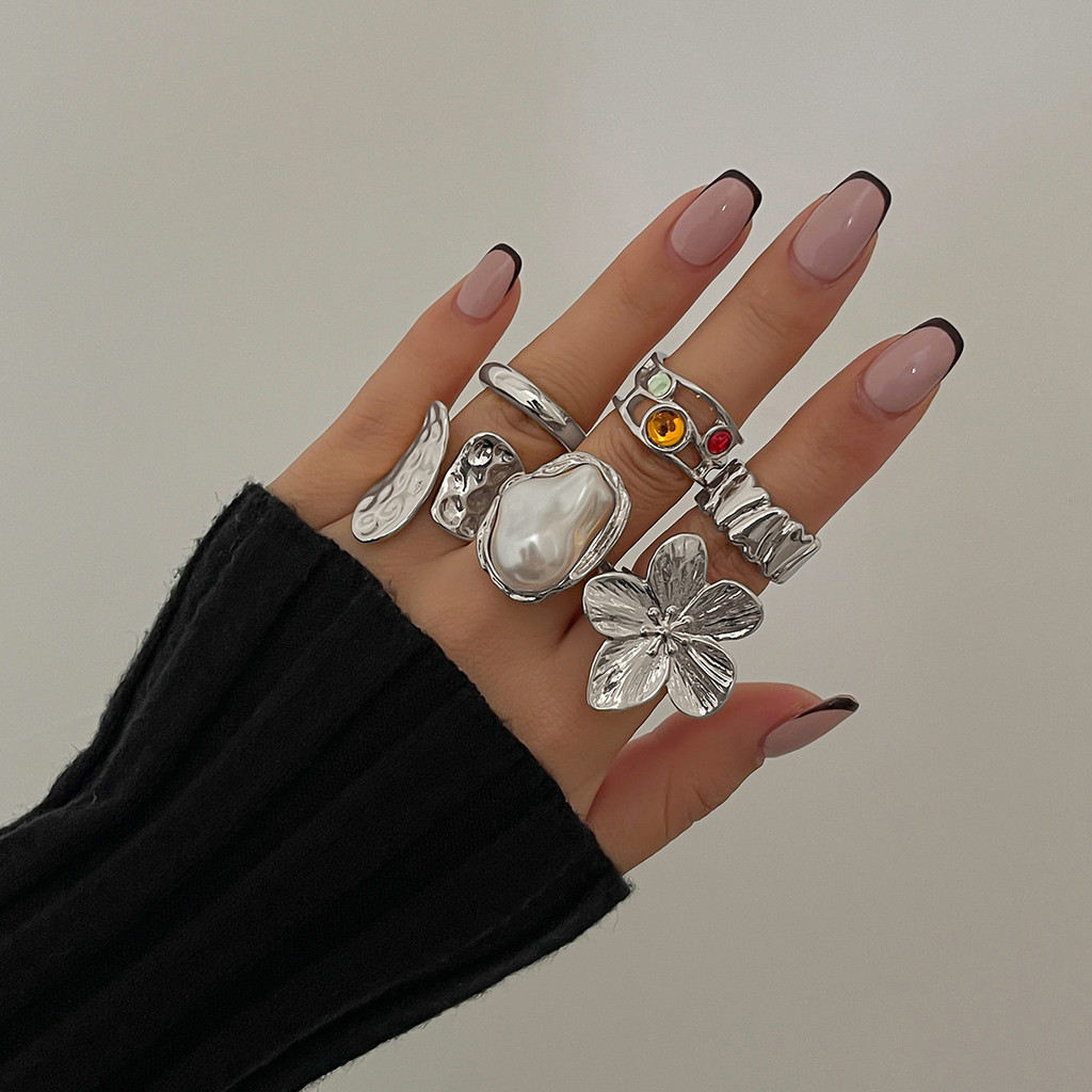 6Pcs/Set Vintage Flower Metal Irregular Geometry Rings Baroque Imitation Pearl Ring Female Niche ...